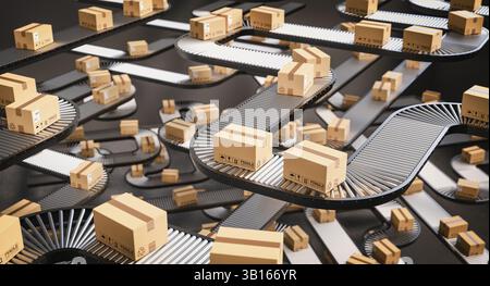 Cardboard boxes are moving on automated conveyor belt 3d Stock Photo - Alamy