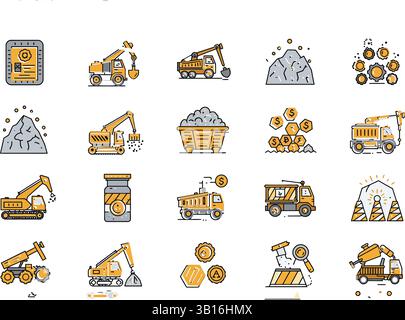 Collection of Mining Icons Depicting Equipment and Tools Stock Vector ...