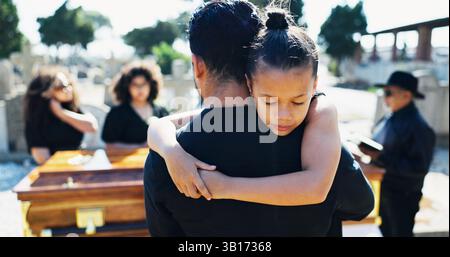 Funeral, crying family and child hug grandmother for support, mourning ...