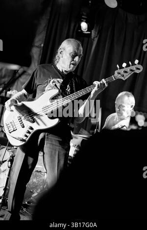 The bass guitarist plays the bass guitar. Dark key. Selective focus ...