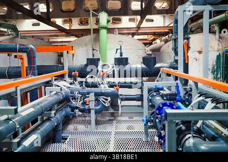 equipment at the gas compressor station. Turbines and pipe gate valves ...