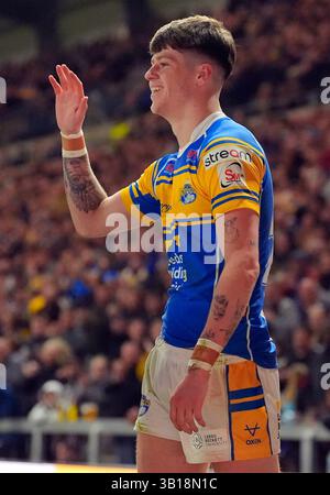 Riley Lumb of Leeds Rhinos celebrates his try during the Betfred Super ...
