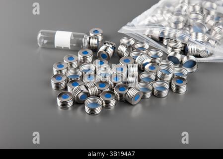 circular metallic cap with rubber septum for vials. HPLC, gas ...
