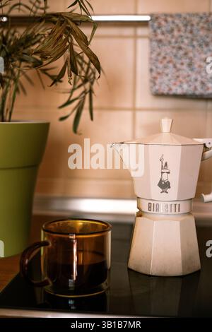Kyiv, Ukraine. 25 April 2025 Bialetti Moka pot ready to brew coffee ...