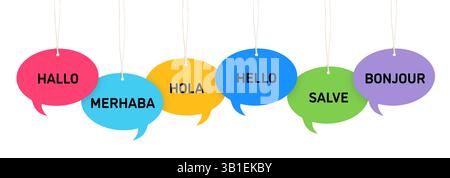 Paper speech bubbles with greetings in different languages hanging on ...