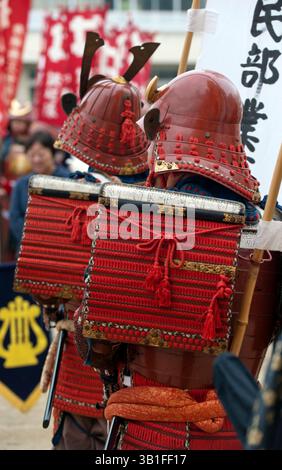 Samurai warriors in full armor costume with kabuto helmets participate ...