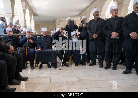 Druze clerics sit before the main prayer at the shrine of Prophet Shu ...