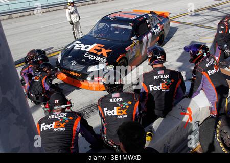 Denny Hamlin makes a pit stop during the NASCAR Daytona 500 auto race ...