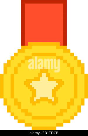 Gold Medal With Star And Ribbon Pixelated Icon. Pixel Art Symbol Of ...