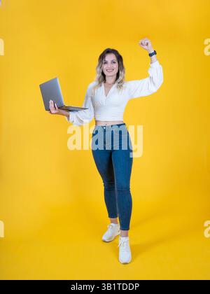 Photo of pretty cute lady wear blue hoodie communicating modern device ...