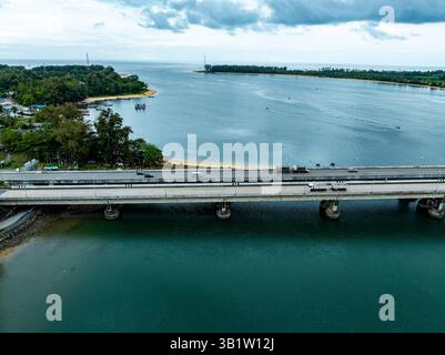 View of the archipelago, coastline with a long bridge, cliffs and sea ...