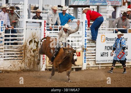 Bull riding competition at the 90th annual Black Hills Roundup rodeo in ...