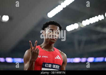 Rachid MURATAKE of Japan reacts after finishing the men's 110 meters ...