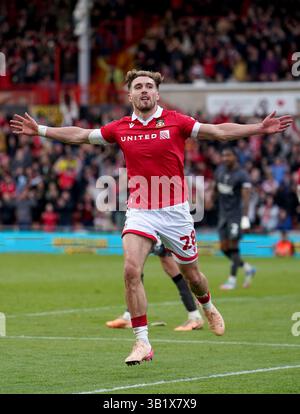 Wrexham's Sam Smith celebrates after scoring his sides third goal ...