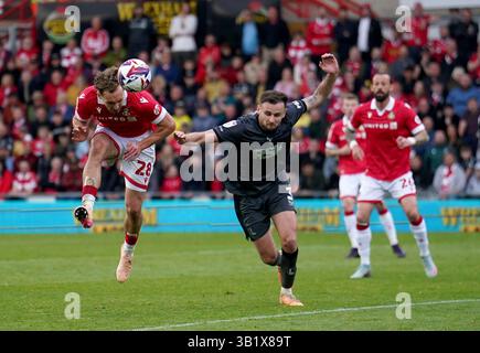 Wrexham's Sam Smith scores their side's first goal of the game during ...