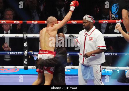 Conor Benn celebrates winning against Chris Eubank Jr at the Tottenham ...