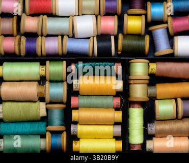color reel threads in plastic crate, closeup of photo Stock Photo - Alamy