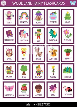 Vector fairytale flash cards set. English language game with cute ...