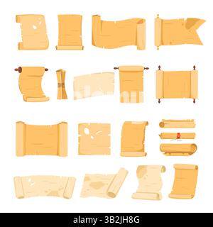Cartoon parchment rolls, blank scrolls and paper banners, open and convolute antique manuscript ...