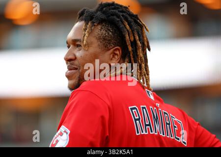 Cleveland Guardians' Jose Ramirez watches his game winning single off ...