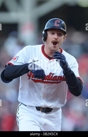 Cleveland Guardians' Kyle Manzardo celebrates in the dugout after ...