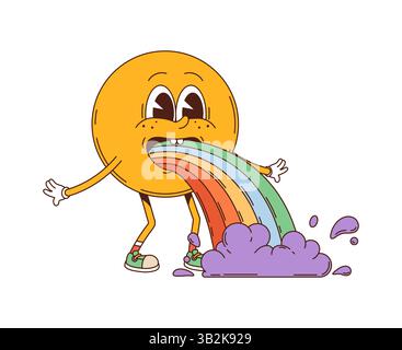 Cartoon groovy vomiting emoticon character with rainbow barf, vector ...