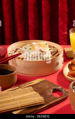 Modern style traditional steamed white asparagus served as close-up on ...