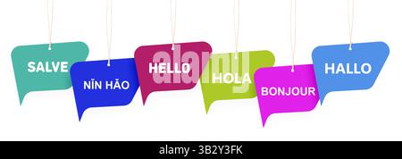 Paper speech bubbles with greetings in different languages hanging on ...