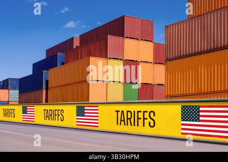 Shipping containers are stacked behind flags of German railway company ...