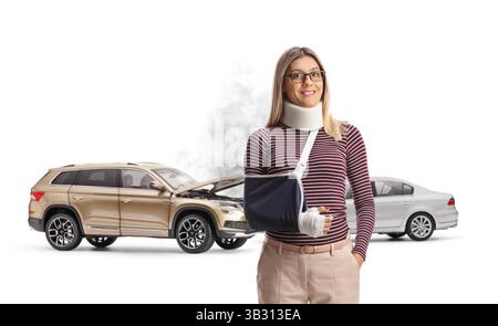 Young female injured passenger with a broken arm wearing an arm splint ...