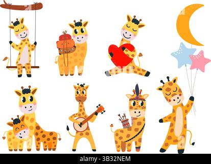 Cute giraffes, baby giraffe poses cartoon collection. Kids exotic zoo ...