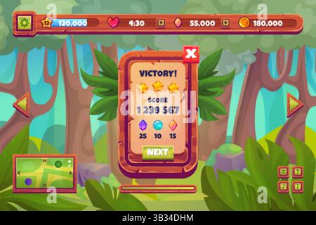 Jungle game interface. Ui game buttons, gui elements with vector palm ...