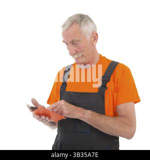 Laborer man with digital tablet isolated over white background Stock ...