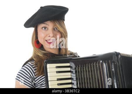 Portrait French girl making music with accordion instrument isolated ...