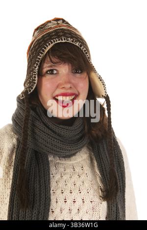 Winter girl with wool sweater ice cap and gloves Stock Photo - Alamy
