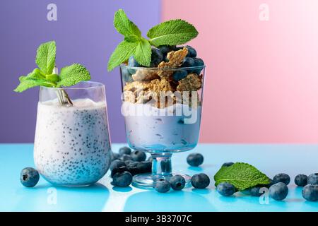 Blueberry dessert with rye flakes and smoothie with chia seeds. Concept ...