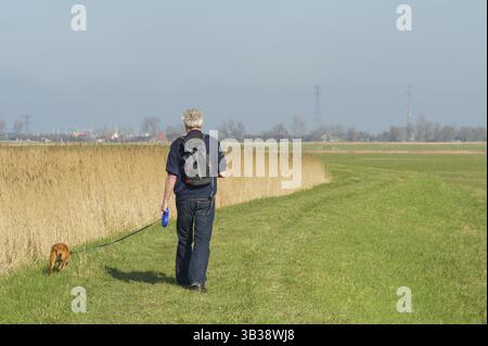 Elder man is hiking with dog in nature near big lake Stock Photo - Alamy