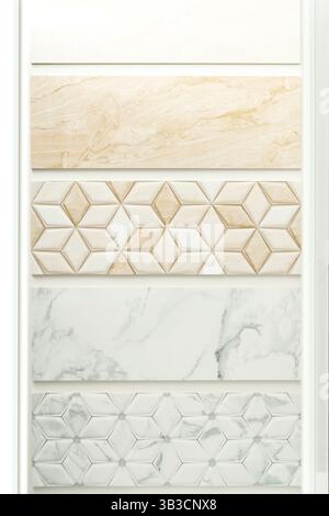 Samples of tiles with different patterns on display in store Stock ...