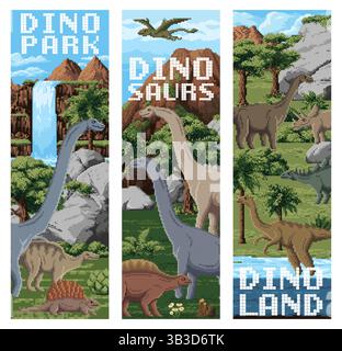 8bit pixel dino park landscape with giant dinosaurs and prehistoric ...