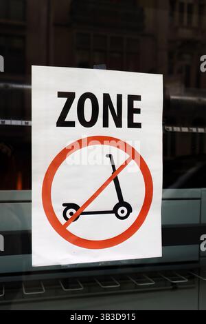 Electric scooter and prohibition sign on the wheel on the scooter on ...