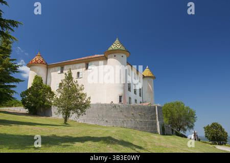 Colorful castle with special roofs at the towers in Aiguines, Haute ...