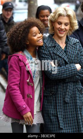 Quvenzhane Wallis and Stephanie Kurtzuba on the set of the movie 'Annie ...