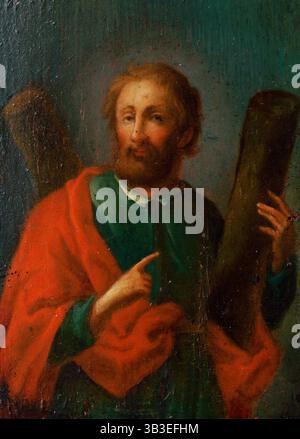 Apostle and martyr Saint Andrew (here ‘Andreas’) with wild hair and ...