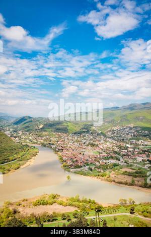 Scenic aerial view of Mtskheta town, the confluence of Aragvi and Kura ...