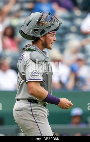 Colorado Rockies catcher Hunter Goodman (15) in the eighth inning of a ...