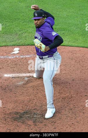Colorado Rockies relief pitcher Jaden Hill works against the Pittsburgh ...