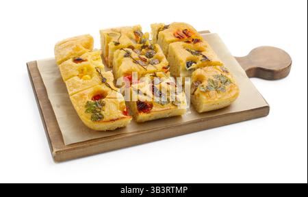 Cut delicious focaccia with flowers made of vegetables isolated on ...