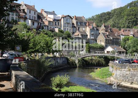 The Creuse River in the town of Aubusson, Creuse department, France ...