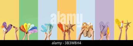 Collage of hands holding flip-flops on color background Stock Photo - Alamy