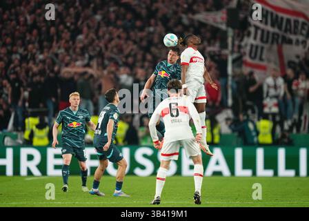 MHP Arena, Stuttgart, Germany. 02nd Apr, 2025. El Chadaille Bitshiabu of RB Leipzig looks on ...